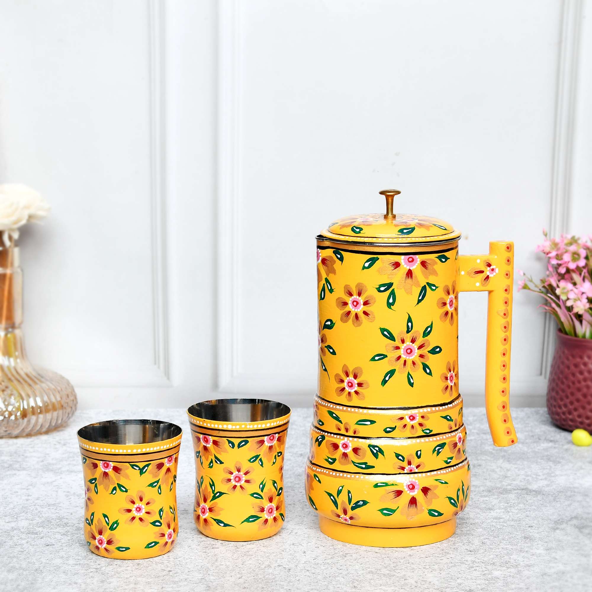 Aluminium Jug Set with 2 Glass Tumblers – 21 cm for kitchen décor ...