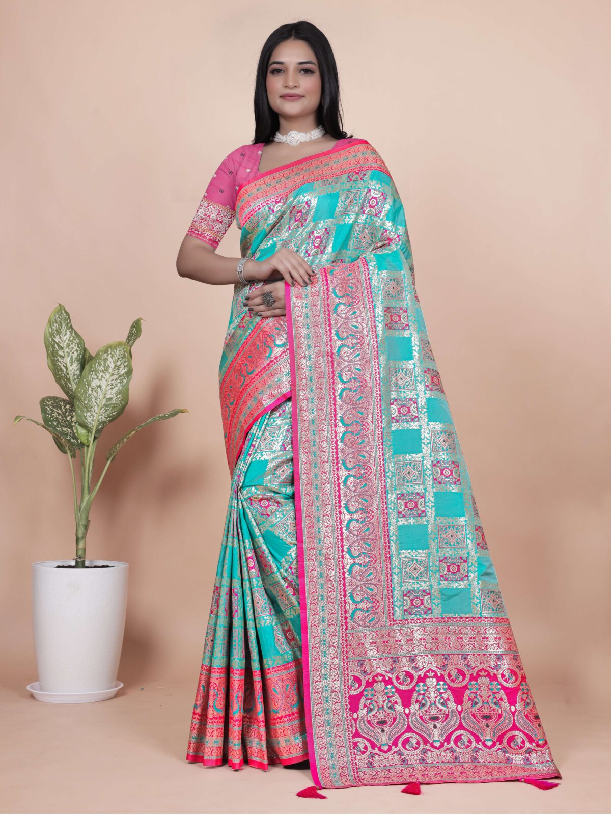 Aqua Blue & Pink Banarasi Silk Saree with Silver Zari | Festive ...