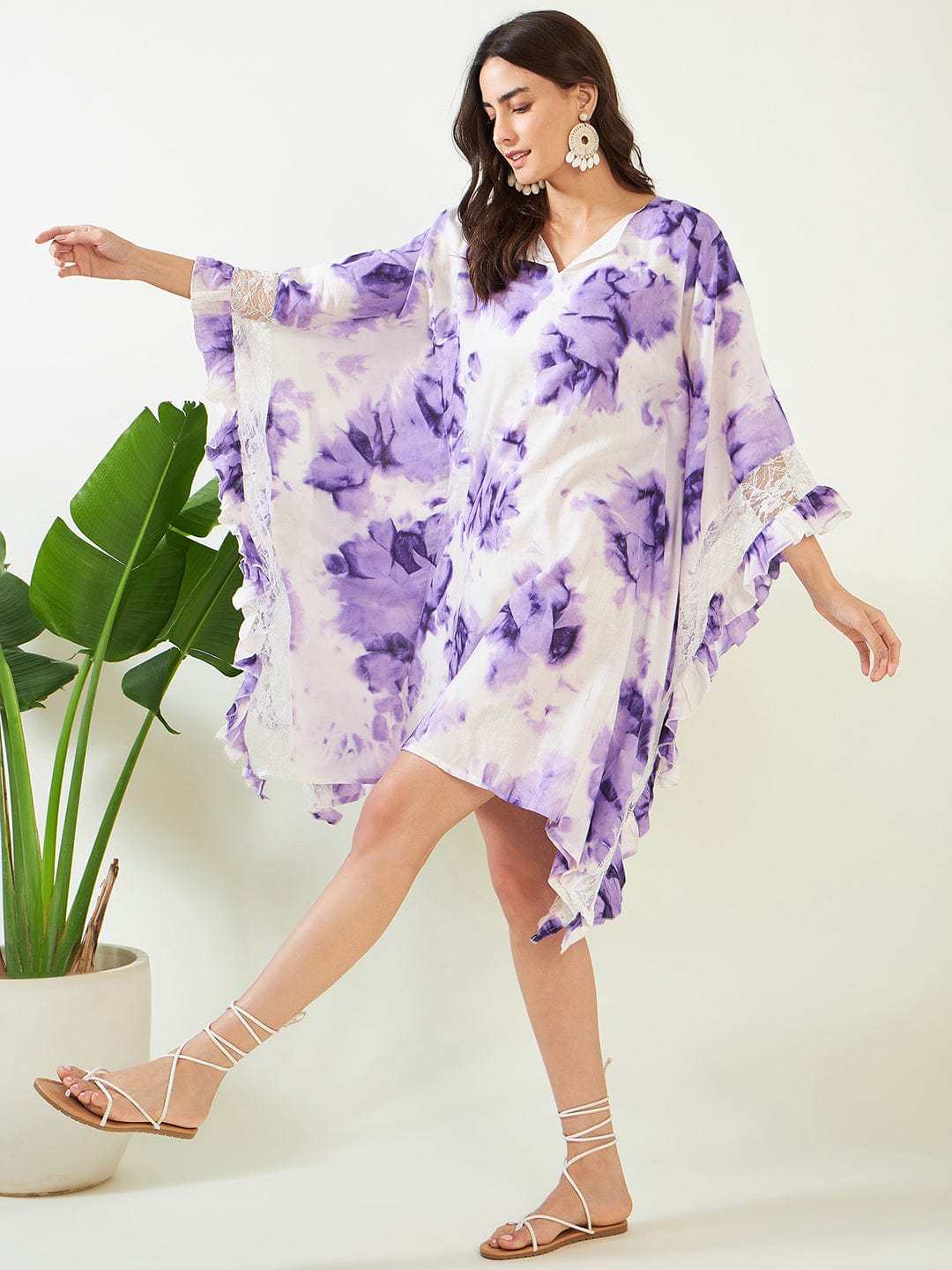 Women’s Cotton Tie Dye Print Knee Length Kaftan Drees Beach Cover Up ...